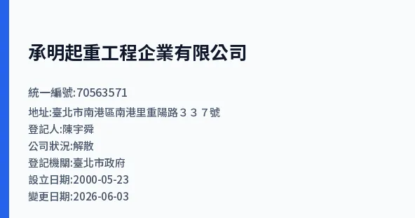 承明起重工程企業有限公司的照片-統編 70563571(臺北市) 公司登記資料與營業項目詳細圖表