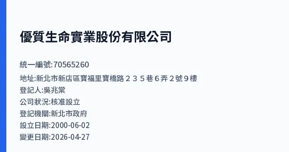 優質生命實業股份有限公司的照片-統編 70565260(新北市) 公司登記資料與營業項目詳細圖表