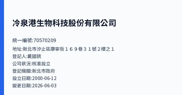 冷泉港生物科技股份有限公司的照片-統編 70570209(新北市) 公司登記資料與營業項目詳細圖表