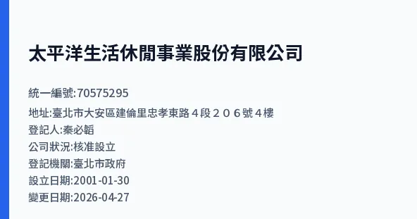 太平洋生活休閒事業股份有限公司的照片-統編 70575295(臺北市) 公司登記資料與營業項目詳細圖表