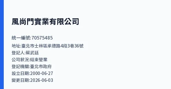 風尚門實業有限公司的照片-統編 70575485(臺北市) 公司登記資料與營業項目詳細圖表