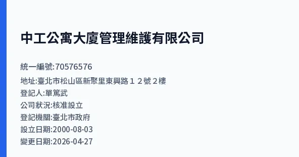 中工公寓大廈管理維護有限公司的照片-統編 70576576(臺北市) 公司登記資料與營業項目詳細圖表
