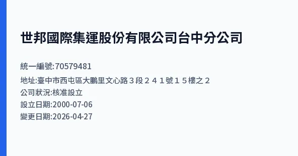 世邦國際集運股份有限公司台中分公司的照片-統編 70579481(臺中市) 公司登記資料與營業項目詳細圖表