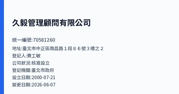 久毅管理顧問有限公司的照片-統編 70581260(臺北市) 公司登記資料與營業項目詳細圖表