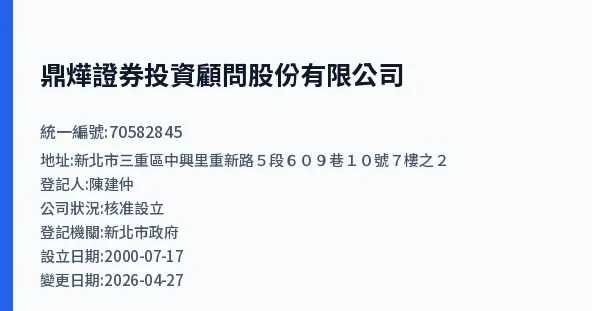 鼎燁證券投資顧問股份有限公司的照片-統編 70582845(新北市) 公司登記資料與營業項目詳細圖表