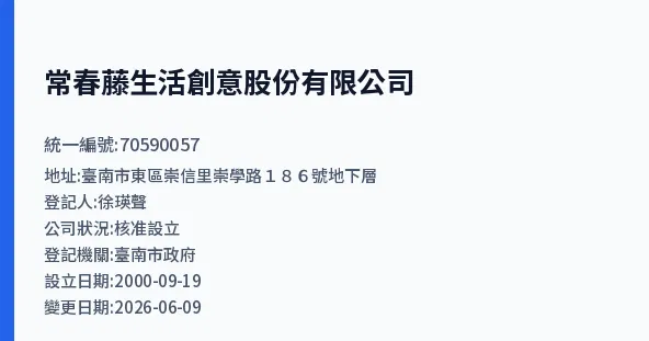 常春藤生活創意股份有限公司的照片-統編 70590057(臺南市) 公司登記資料與營業項目詳細圖表