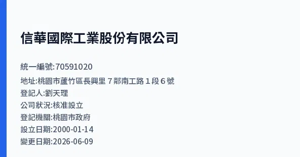 信華國際工業股份有限公司的照片-統編 70591020(桃園市) 公司登記資料與營業項目詳細圖表