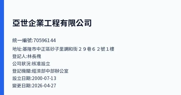 亞世企業工程有限公司的照片-統編 70596144(基隆市) 公司登記資料與營業項目詳細圖表