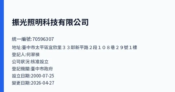 振光照明科技有限公司的照片-統編 70596307(臺中市) 公司登記資料與營業項目詳細圖表