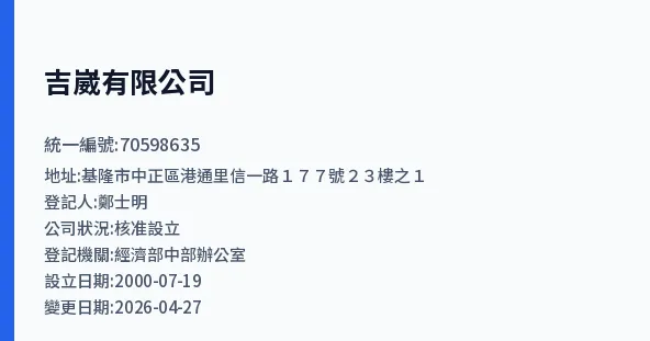 吉崴有限公司的照片-統編 70598635(基隆市) 公司登記資料與營業項目詳細圖表