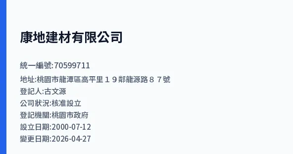 康地建材有限公司的照片-統編 70599711(桃園市) 公司登記資料與營業項目詳細圖表