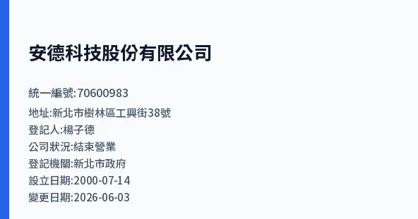 安德科技股份有限公司的照片-統編 70600983(新北市) 公司登記資料與營業項目詳細圖表