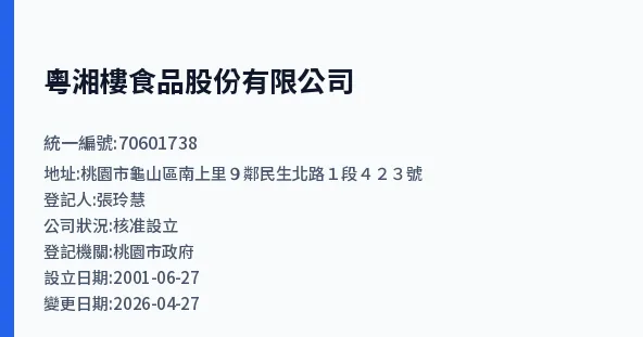 粵湘樓食品股份有限公司的照片-統編 70601738(桃園市) 公司登記資料與營業項目詳細圖表