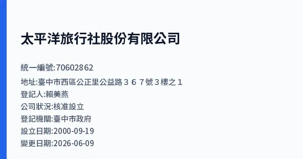 太平洋旅行社股份有限公司的照片-統編 70602862(臺中市) 公司登記資料與營業項目詳細圖表