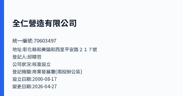全仁營造有限公司的照片-統編 70603497(彰化縣) 公司登記資料與營業項目詳細圖表