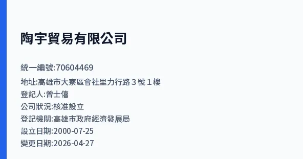陶宇貿易有限公司的照片-統編 70604469(高雄市) 公司登記資料與營業項目詳細圖表