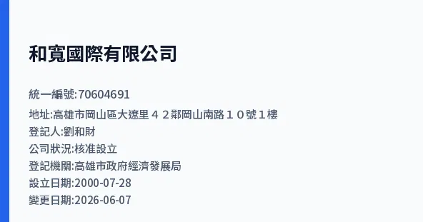 和寬國際有限公司的照片-統編 70604691(高雄市) 公司登記資料與營業項目詳細圖表