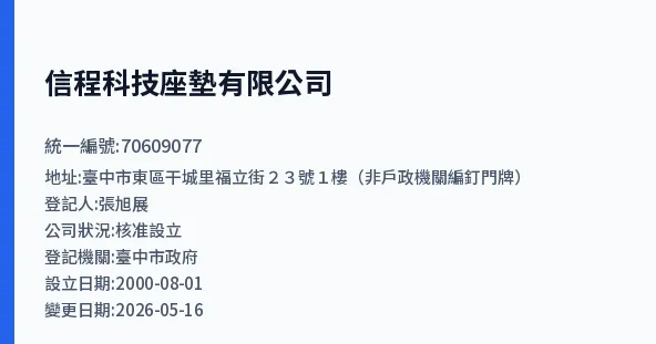 信程科技座墊有限公司的照片-統編 70609077(臺中市) 公司登記資料與營業項目詳細圖表