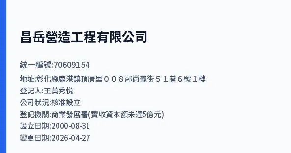 昌岳營造工程有限公司的照片-統編 70609154(彰化縣) 公司登記資料與營業項目詳細圖表