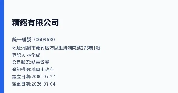 精鎔有限公司的照片-統編 70609680(桃園市) 公司登記資料與營業項目詳細圖表