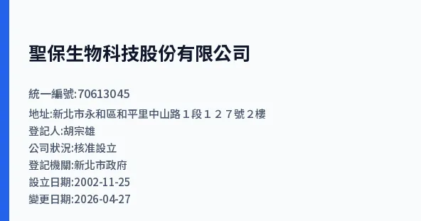 聖保生物科技股份有限公司的照片-統編 70613045(新北市) 公司登記資料與營業項目詳細圖表