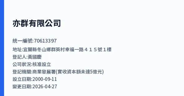 亦群有限公司的照片-統編 70613397(宜蘭縣) 公司登記資料與營業項目詳細圖表