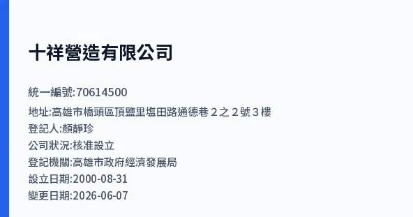 十祥營造有限公司的照片-統編 70614500(高雄市) 公司登記資料與營業項目詳細圖表