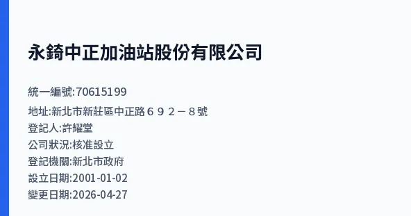 永錡中正加油站股份有限公司的照片-統編 70615199(新北市) 公司登記資料與營業項目詳細圖表