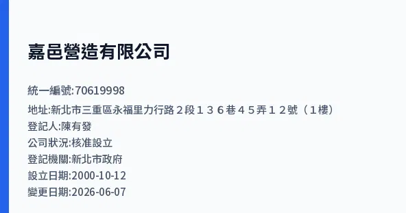嘉邑營造有限公司的照片-統編 70619998(新北市) 公司登記資料與營業項目詳細圖表