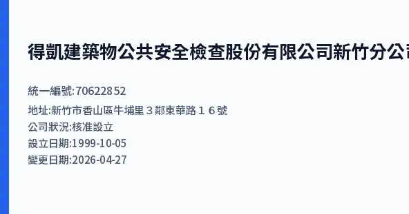 得凱建築物公共安全檢查股份有限公司新竹分公司的照片-統編 70622852(新竹市) 公司登記資料與營業項目詳細圖表