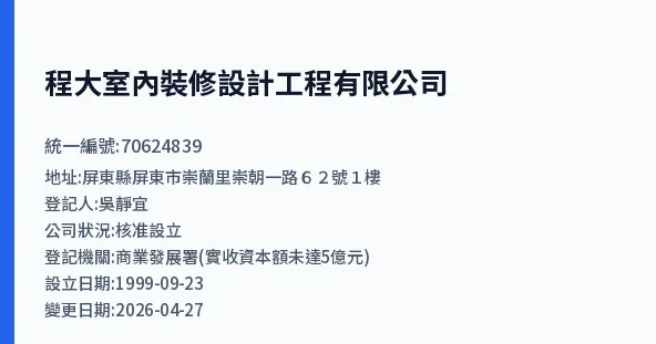 程大室內裝修設計工程有限公司的照片-統編 70624839(屏東縣) 公司登記資料與營業項目詳細圖表