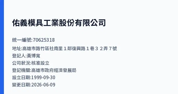 佑義模具工業股份有限公司的照片-統編 70625318(高雄市) 公司登記資料與營業項目詳細圖表