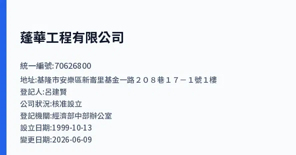 蓬華工程有限公司的照片-統編 70626800(基隆市) 公司登記資料與營業項目詳細圖表