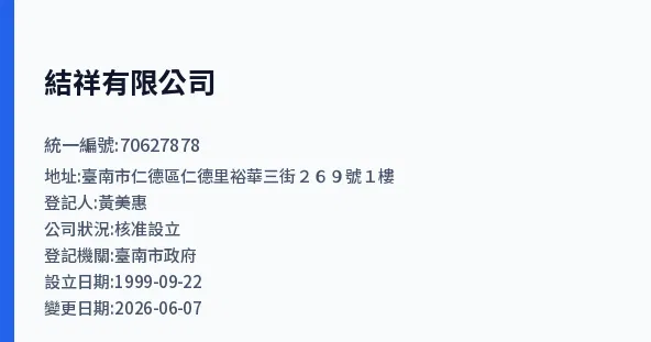 結祥有限公司的照片-統編 70627878(臺南市) 公司登記資料與營業項目詳細圖表