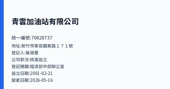 青雲加油站有限公司的照片-統編 70628737(新竹市) 公司登記資料與營業項目詳細圖表