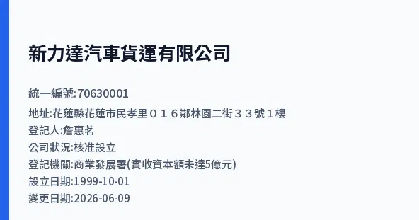 新力達汽車貨運有限公司的照片-統編 70630001(花蓮縣) 公司登記資料與營業項目詳細圖表