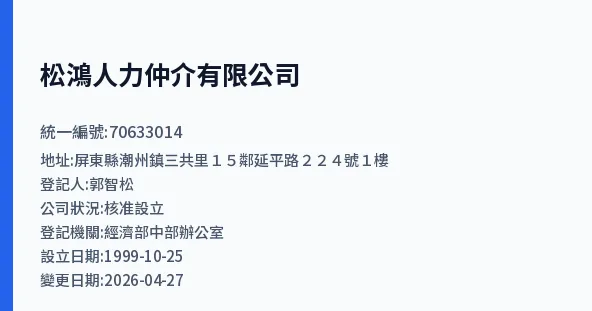松鴻人力仲介有限公司的照片-統編 70633014(屏東縣) 公司登記資料與營業項目詳細圖表