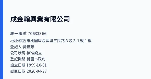 成金翰興業有限公司的照片-統編 70633366(桃園市) 公司登記資料與營業項目詳細圖表