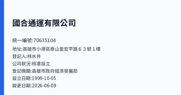 國合通運有限公司的照片-統編 70635104(高雄市) 公司登記資料與營業項目詳細圖表