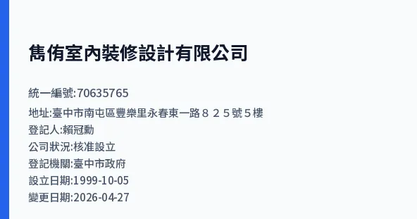 雋侑室內裝修設計有限公司的照片-統編 70635765(臺中市) 公司登記資料與營業項目詳細圖表