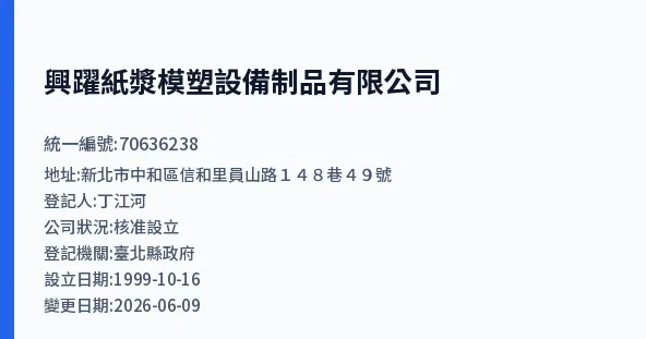 興躍紙漿模塑設備制品有限公司的照片-統編 70636238(新北市) 公司登記資料與營業項目詳細圖表