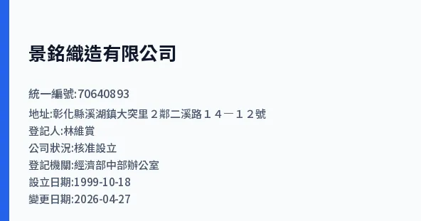 景銘織造有限公司的照片-統編 70640893(彰化縣) 公司登記資料與營業項目詳細圖表