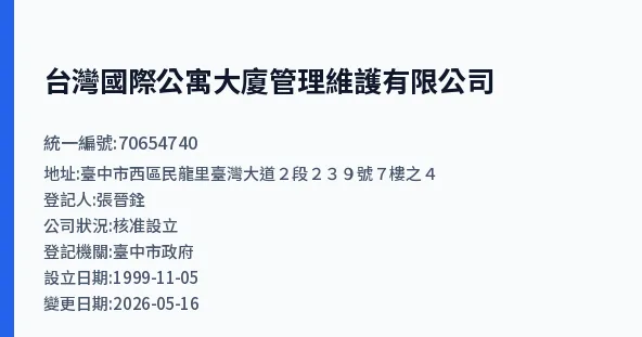 台灣國際公寓大廈管理維護有限公司的照片-統編 70654740(臺中市) 公司登記資料與營業項目詳細圖表
