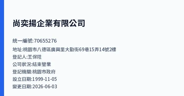 尚奕揚企業有限公司的照片-統編 70655276(桃園市) 公司登記資料與營業項目詳細圖表