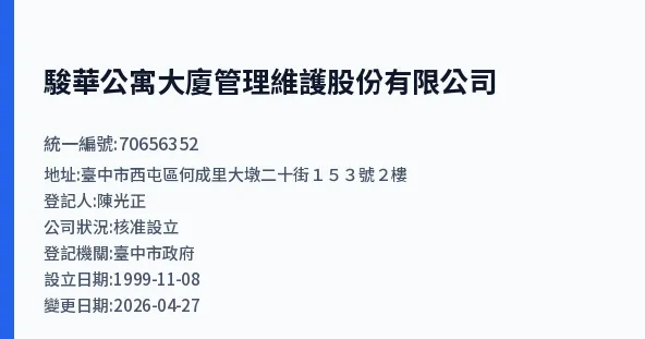 駿華公寓大廈管理維護股份有限公司的照片-統編 70656352(臺中市) 公司登記資料與營業項目詳細圖表