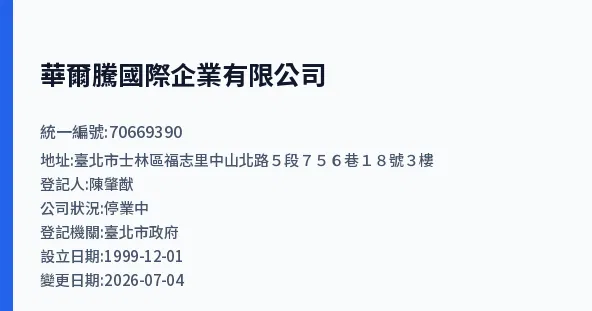 華爾騰國際企業有限公司的照片-統編 70669390(臺北市) 公司登記資料與營業項目詳細圖表