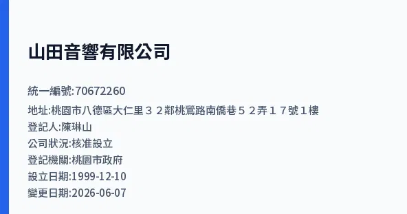 山田音響有限公司的照片-統編 70672260(桃園市) 公司登記資料與營業項目詳細圖表