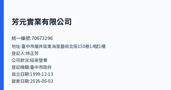 芳元實業有限公司的照片-統編 70673296(臺中市) 公司登記資料與營業項目詳細圖表
