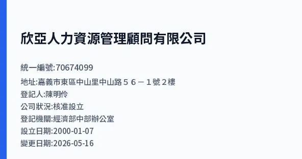 欣亞人力資源管理顧問有限公司的照片-統編 70674099(嘉義市) 公司登記資料與營業項目詳細圖表