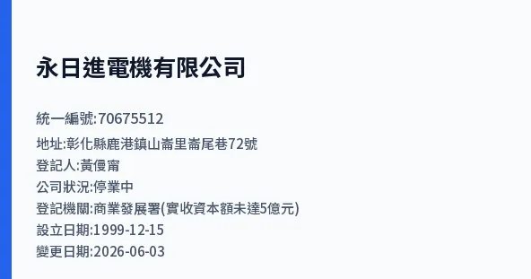 永日進電機有限公司的照片-統編 70675512(彰化縣) 公司登記資料與營業項目詳細圖表